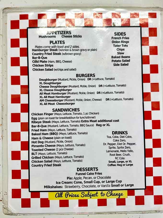 The menu board's red-and-white checkered border frames food choices that haven't changed much in decades. Why mess with perfection?
