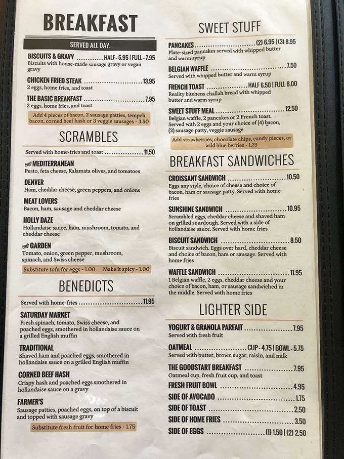 The breakfast menu reads like a love letter to morning classics. "Holly Daze" scramble might be the most poetic breakfast name ever.