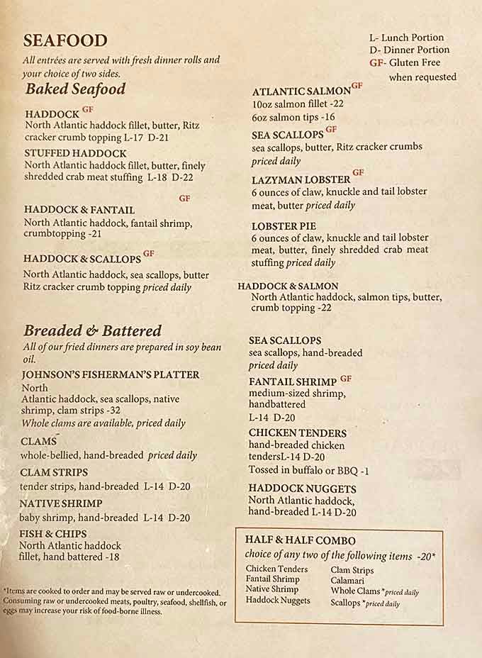 The menu reads like a love letter to New England seafood traditions, with that buttery Ritz-topped haddock stealing the spotlight.
