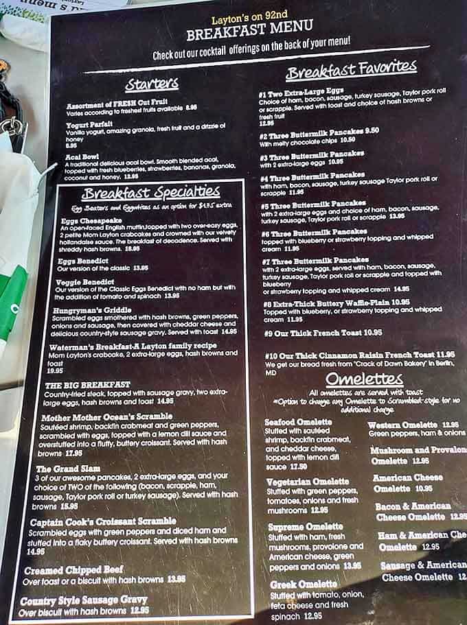 This menu isn't just breakfast &ndash; it's a manifesto of morning possibilities. The "Eggs Chesapeake" proves Maryland knows Benedict needs crabcakes, not Canadian bacon.