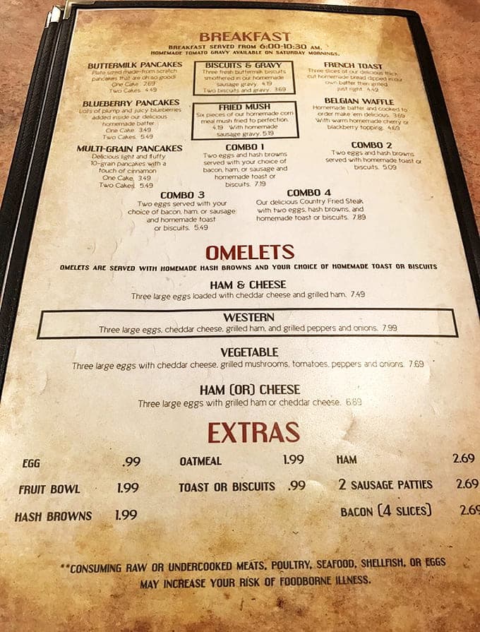 A breakfast menu that reads like poetry to hungry travelers. The "Fried Mush" alone is worth the detour from Interstate monotony.