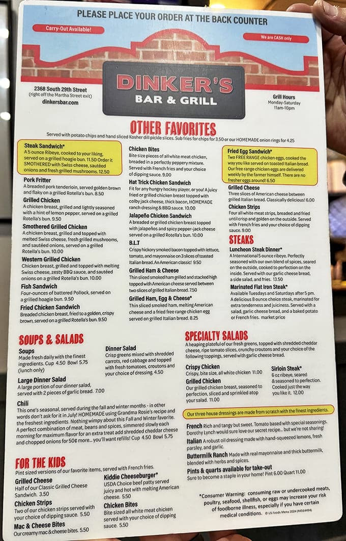This menu isn't just a list of options&mdash;it's a roadmap to happiness with landmarks like "HOMEMADE onion rings" clearly marked for your journey.