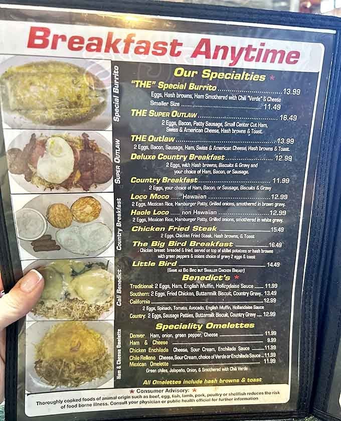 The breakfast menu at Virg's reads like a love letter to morning indulgence, with "THE" Special Burrito commanding attention like a headliner at a rock concert.
