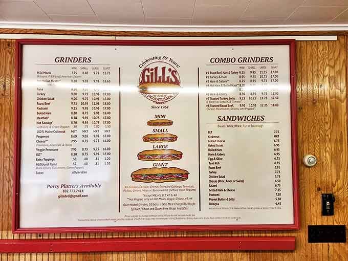 This menu board isn't just a list&mdash;it's a roadmap to sandwich nirvana, with options from modest "Mini" to jaw-stretching "Giant."