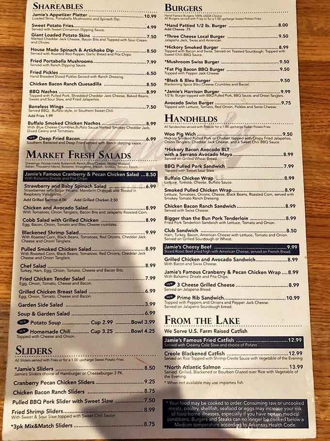 This menu isn't just a list of options&mdash;it's a roadmap to happiness with shareables, burgers, and lake-fresh catfish calling your name.