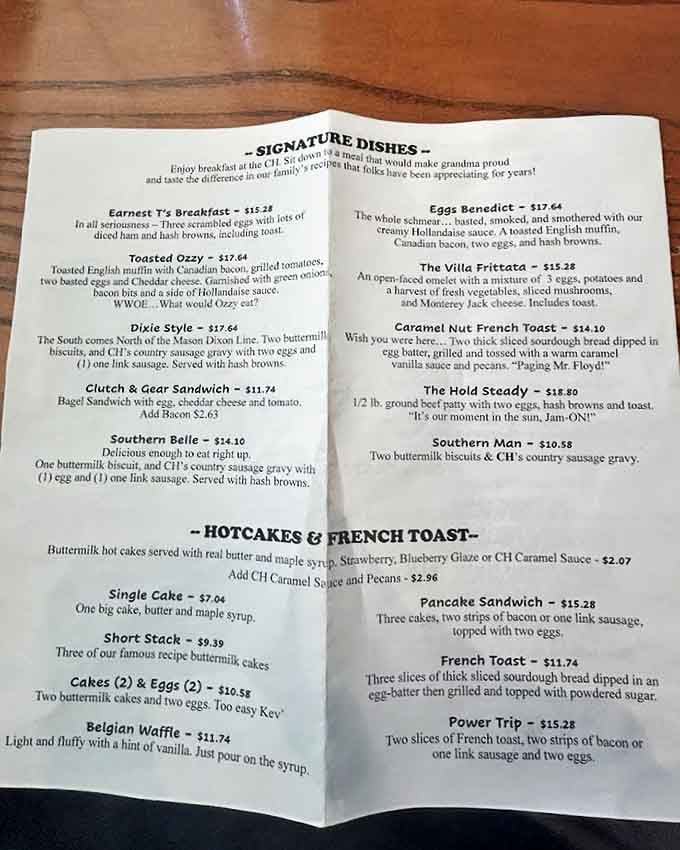 The menu reads like a love letter to American comfort food classics, with playful names that hint at the personality behind each hearty plate.