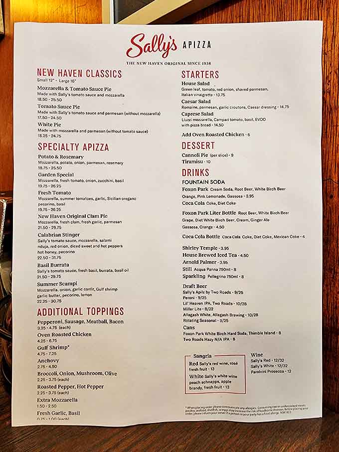 This menu isn't just a list of options&mdash;it's a sacred text of New Haven pizza theology, complete with the holy trinity of tomato, dough, and coal-fired magic.