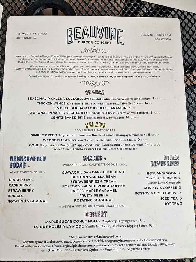 The menu reads like a love letter to local sourcing &ndash; Carter's brioche buns, Virginia craft beer, and seasonal ingredients take center stage.