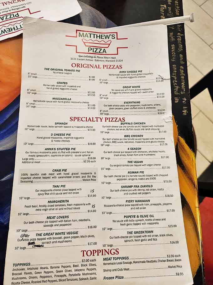 The menu reads like a love letter to pizza possibilities &ndash; from classic tomato pies to Maryland crab creations that would make any local proud.