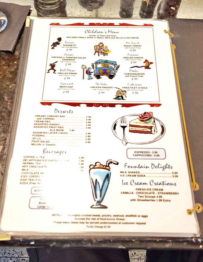 The children's menu reveals the diner's family-friendly soul, with whimsical illustrations that have entertained generations of young diners.