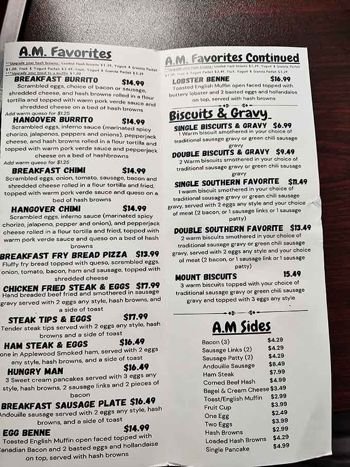 A menu that doesn't need fancy fonts or pretentious descriptions—just honest breakfast offerings that make decisions deliciously difficult.