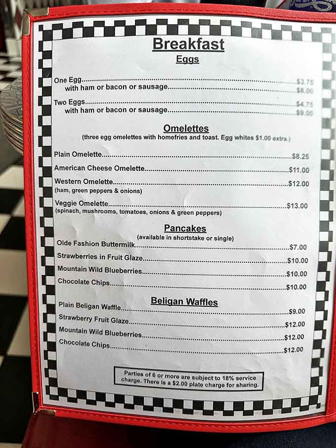 This menu isn't just offering food&mdash;it's promising happiness. The checkerboard border practically whispers, "Order the pancakes, you know you want to."