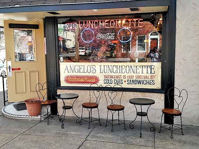 Angelo's Luncheonette's vintage storefront and sidewalk seating invite you to step back to a time when breakfast was an art form.