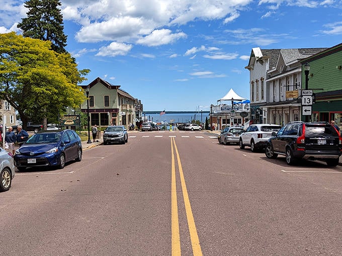 Bayfield's main street offers that rare "wait, I need to take a picture" moment, where the road seems to pour right into Lake Superior.