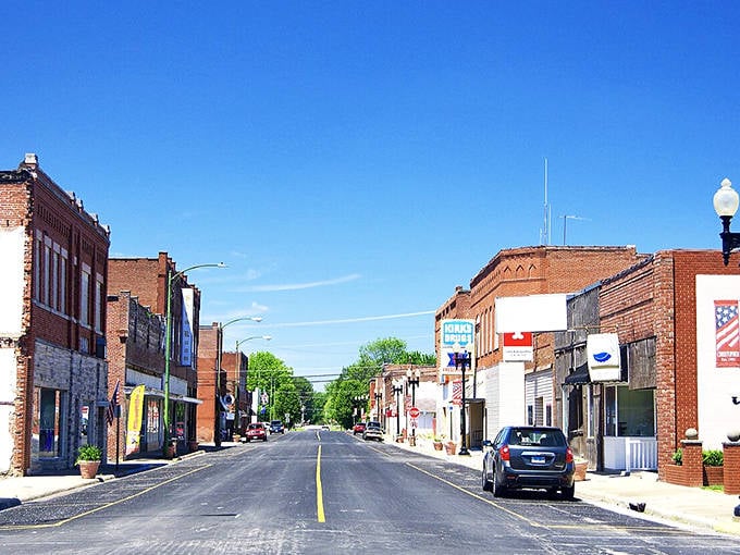 Christopher's main street features classic early-20th century architecture. These sturdy brick buildings have weathered decades of Midwest seasons.
