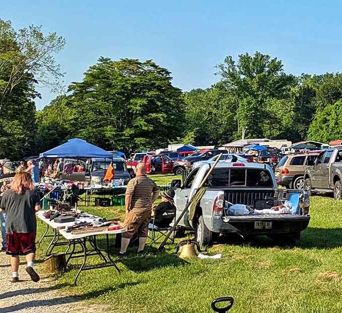 Treasure hunting in the great outdoors! Croy Creek's sprawling field of vendor tables creates that perfect summer flea market atmosphere where discoveries await.