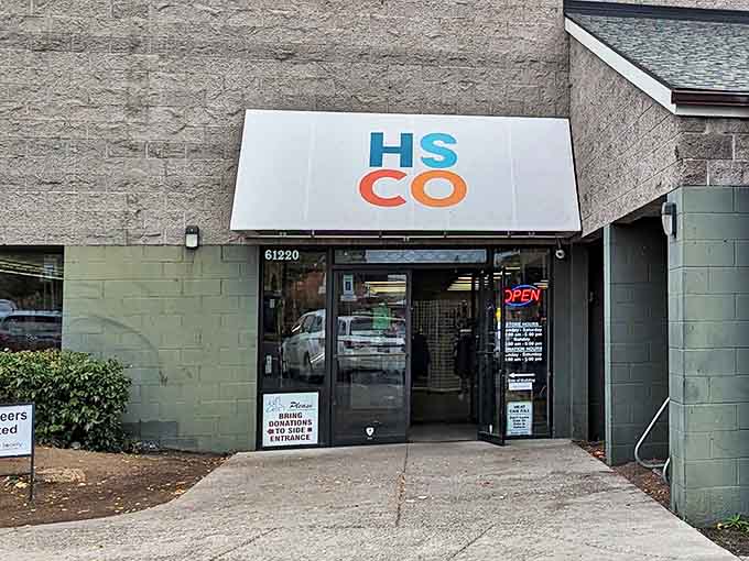 The simple green exterior of Humane Society Thrift Store &ndash; where shopping and animal-loving come together beautifully.