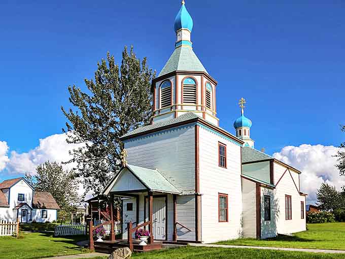 The Holy Assumption Orthodox Church in Kenai stands as a stunning blue-domed testament to Alaska's Russian heritage.