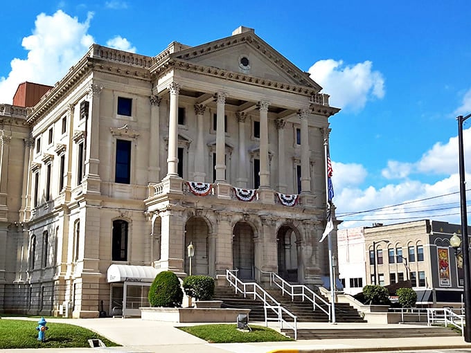 This grand, historic courthouse stands proud in the heart of Marion, showcasing beautiful architecture and a touch of patriotic spirit.