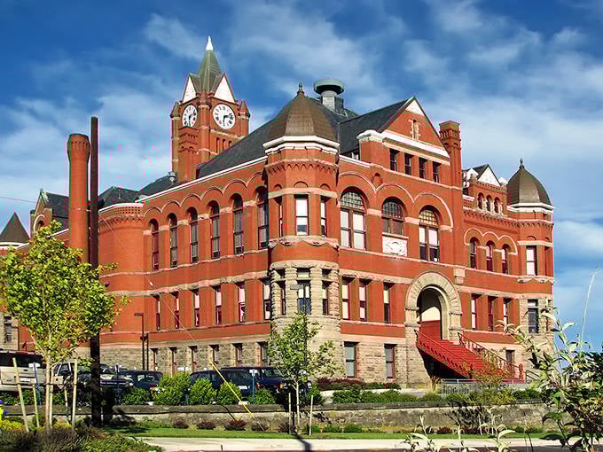 The grand red-brick courthouse in Port Townsend stands as a testament to the town's prosperous past and architectural preservation efforts.