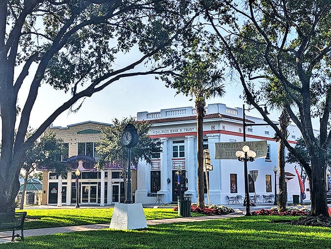 Sebring&rsquo;s palm-shaded town green centers around a classic street clock, surrounded by historic buildings and spaces designed for slowing down.