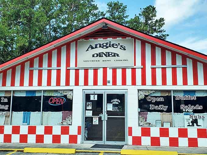 Step into a time machine! Angie's Diner's striped awning and vintage signage beckon hungry travelers with the promise of home cooking.