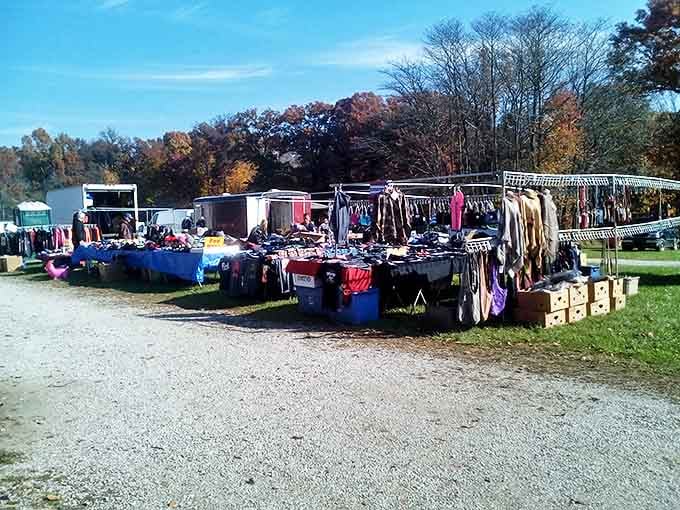 Fall colors frame this bargain hunter's paradise. Croy Creek's outdoor market transforms with the seasons, but the thrill of the find remains constant.