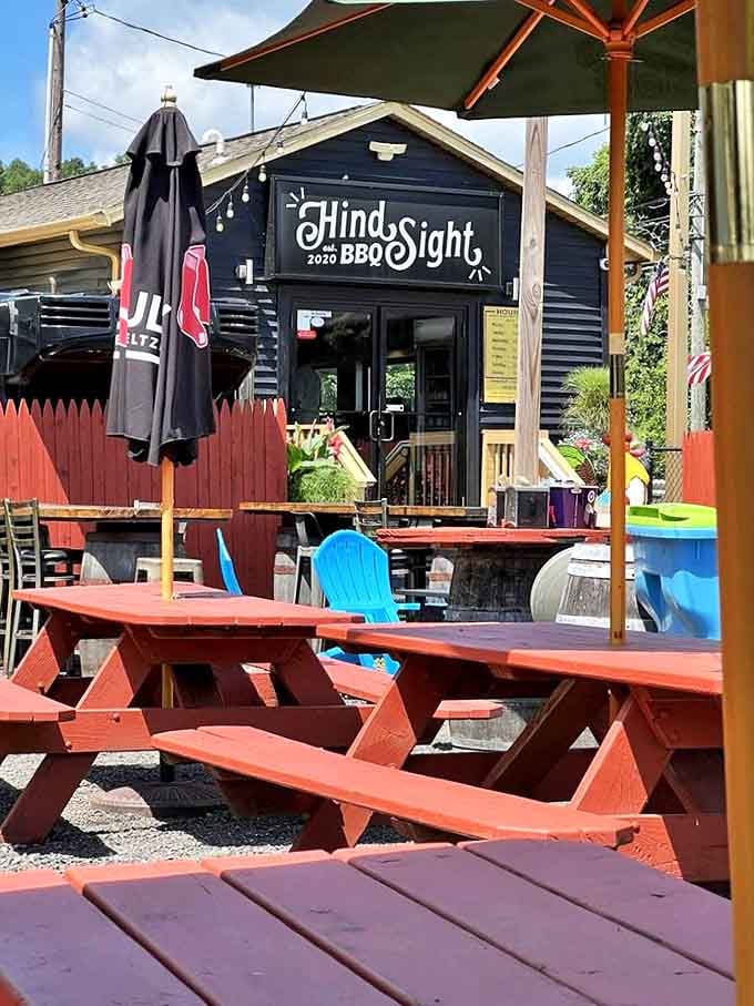 Picnic tables and string lights create the perfect setting for finger-licking good times with friends.