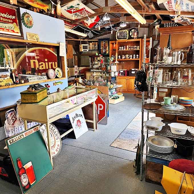 Nostalgia nook! This cozy corner of vintage signs and memorabilia is where your grandfather's memories meet your modern collecting obsession.