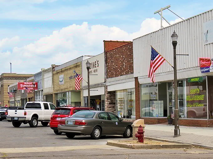 American flags flutter proudly along Webb City's main street, where patriotism runs high but the cost of living stays refreshingly low.