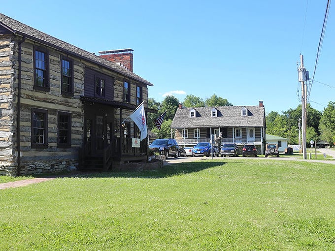 This historic log structure in Kimmswick stands as a testament to the town's frontier roots and careful preservation.