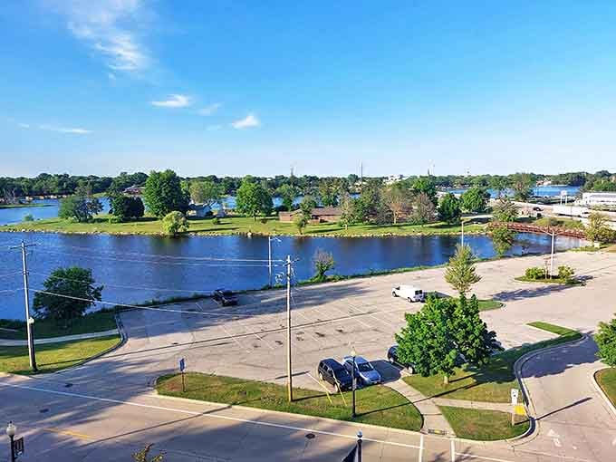 Downtown Marinette keeps it real with classic Main Street vibes and American flags proudly waving in the breeze.