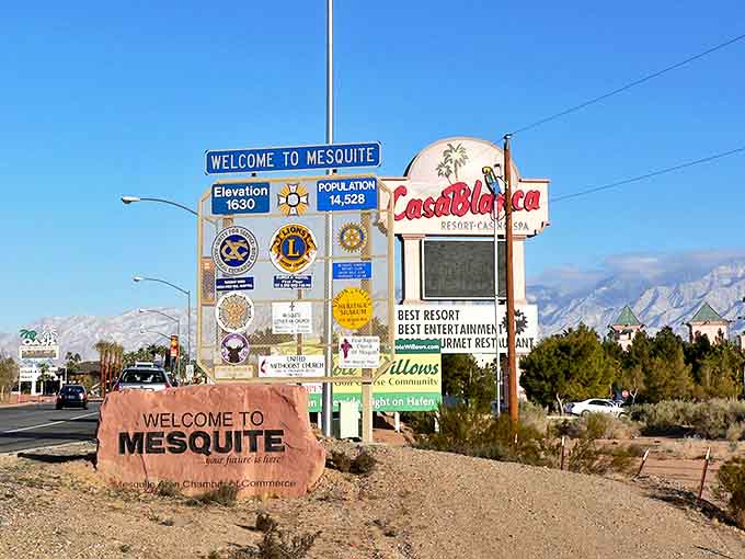 The "Welcome to Mesquite" sign stands as a colorful gateway to this sun-soaked desert community where affordability meets adventure.