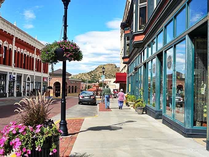 Flower baskets and wide sidewalks make Trinidad's downtown the perfect stage for chance encounters with neighbors.