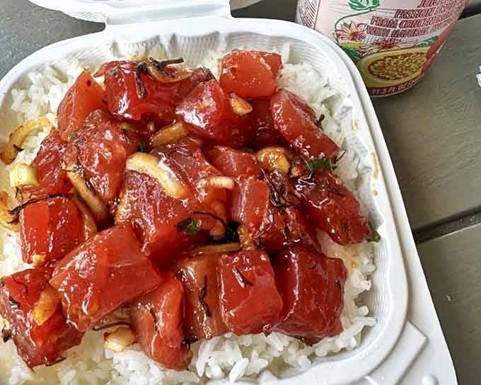 Ruby-red cubes of ahi nestled atop rice&mdash;this isn't just food, it's Hawaii's soul on a plate. Each glistening piece practically whispers "aloha" to your taste buds.