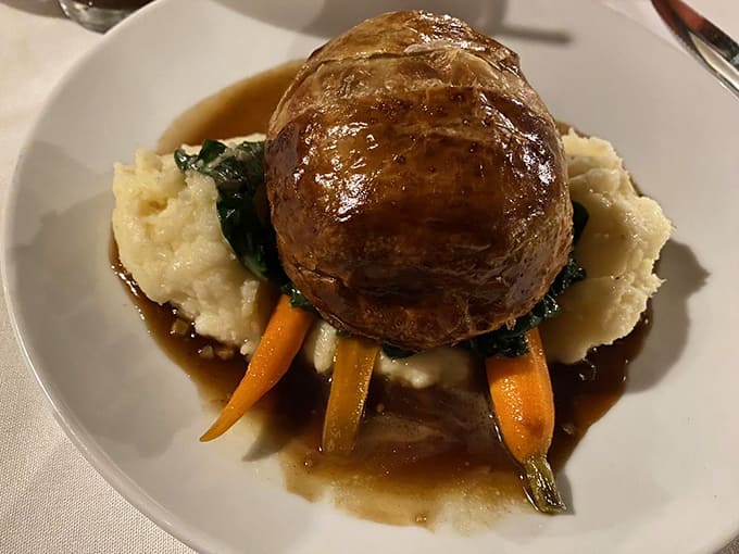 The Beef Wellington arrives like royalty on a throne of mashed potatoes. This pastry-wrapped masterpiece might be worth crossing the Delaware for.