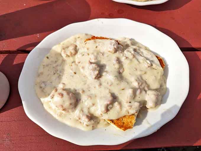 Behold the star attraction &ndash; biscuits smothered in creamy sausage gravy that would make any Southern grandmother nod in approval. Worth every calorie.