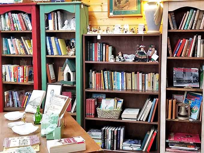 Colorful bookshelves create a literary rainbow, each spine a doorway to another era. The smell of old paper? That's free with admission.