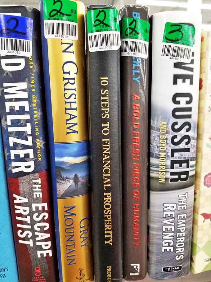 Literary treasures line these shelves, where bestsellers from yesteryear rub covers with obscure titles, creating a bibliophile's buffet of possibilities.