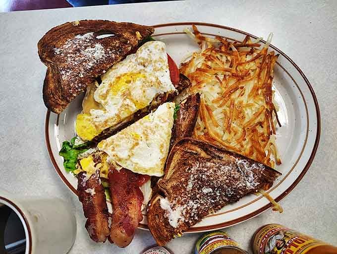 Breakfast perfection doesn't require fancy plating&mdash;just perfectly cooked eggs, crispy bacon, golden hash browns, and toast that's actually toasted right.
