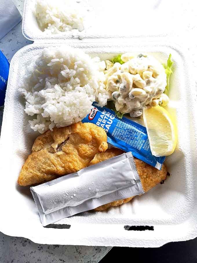 Island plate lunches don't mess around&mdash;rice, mac salad, and golden-fried fish that would make mainland seafood joints weep with envy.