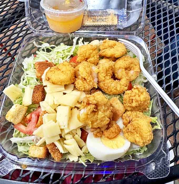 This isn't just a salad&mdash;it's a Southern seafood celebration with crispy fried shrimp taking center stage atop a bed of fresh fixings. Protein-packed perfection.