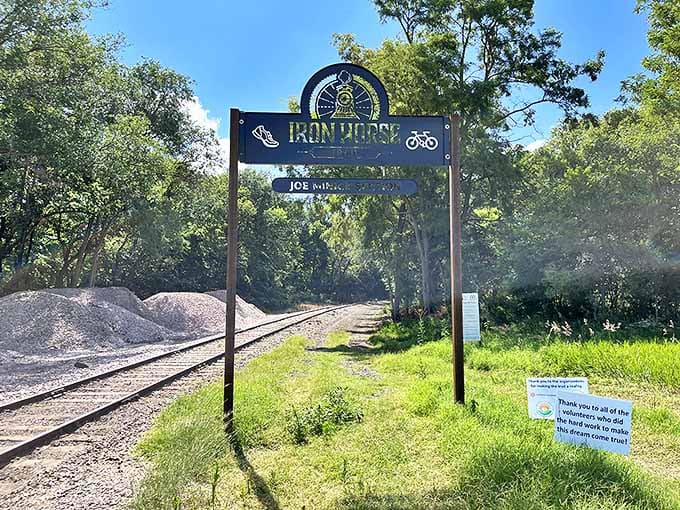 The Iron Horse Trail sign marks the beginning of adventures that cost nothing but time&mdash;the best bargain in Abilene's already affordable landscape.