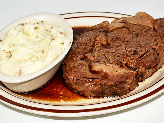 Behold the star of our show: prime rib so tender it practically surrenders at the sight of your fork, served with homestyle mashed potatoes.