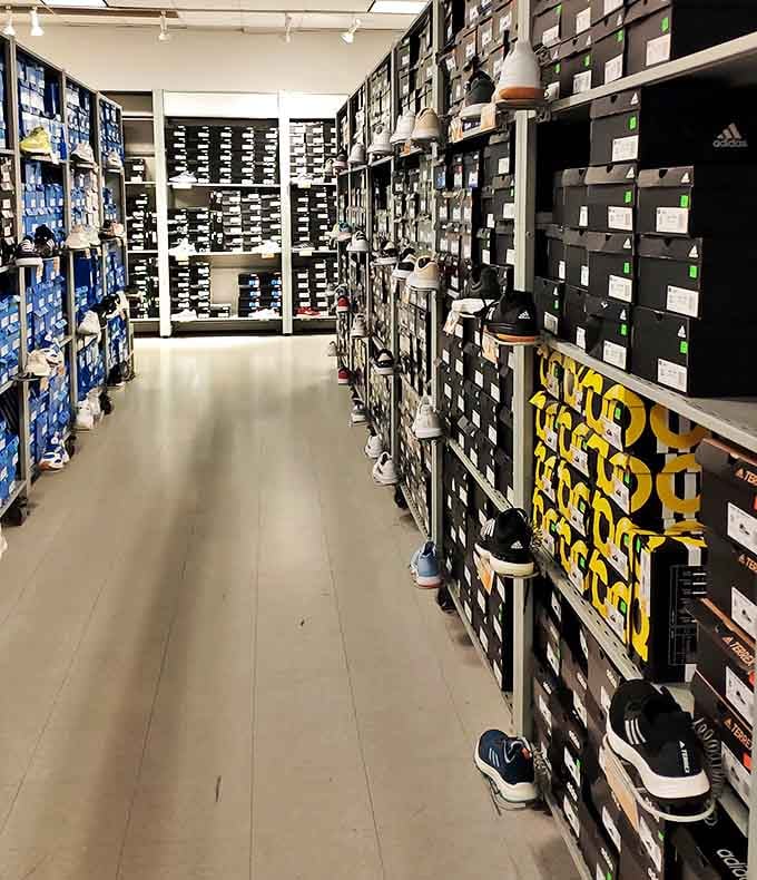 The shoe section resembles a footwear library, where each box contains not knowledge but the promise of comfortable, stylish steps ahead.