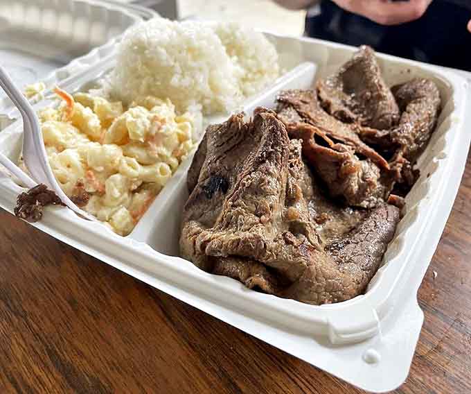 Teriyaki beef that's been caramelized to perfection, paired with the Hawaiian plate lunch holy trinity: two scoops rice and mac salad.