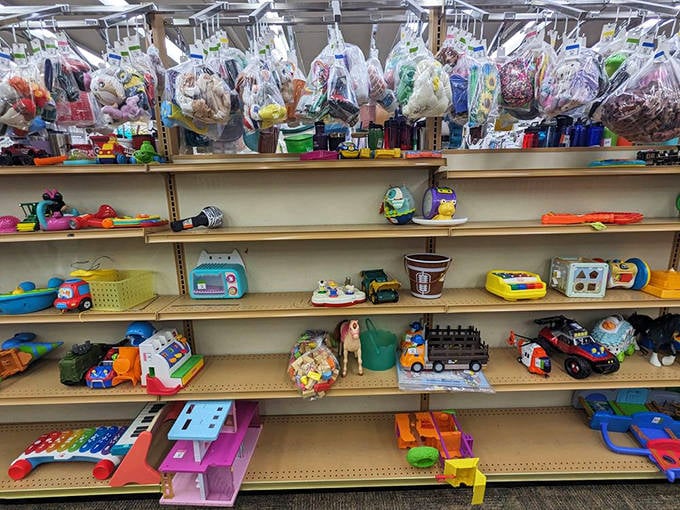 Childhood nostalgia lines these shelves where Fisher-Price classics and colorful trucks await their second act in a new family's playroom.