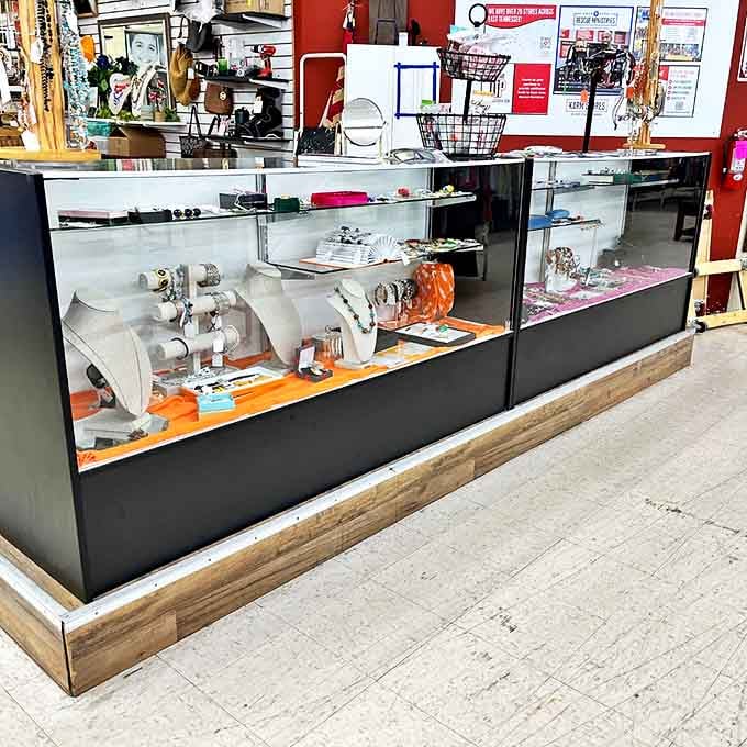 Behind glass cases, yesterday's accessories await tomorrow's fashionistas. That jewelry counter is where vintage meets value in the most delightful way.