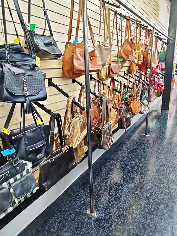 Handbag heaven! Like a leather and vinyl garden where purses bloom in every color. Each one has stories to tell—if only they could talk.