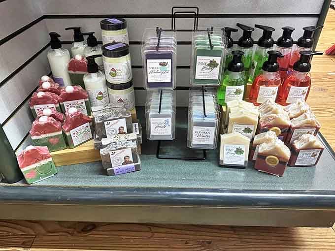 Handcrafted soaps and lotions line the shelves like colorful soldiers, ready to transform your bathroom into a Mississippi spa retreat.